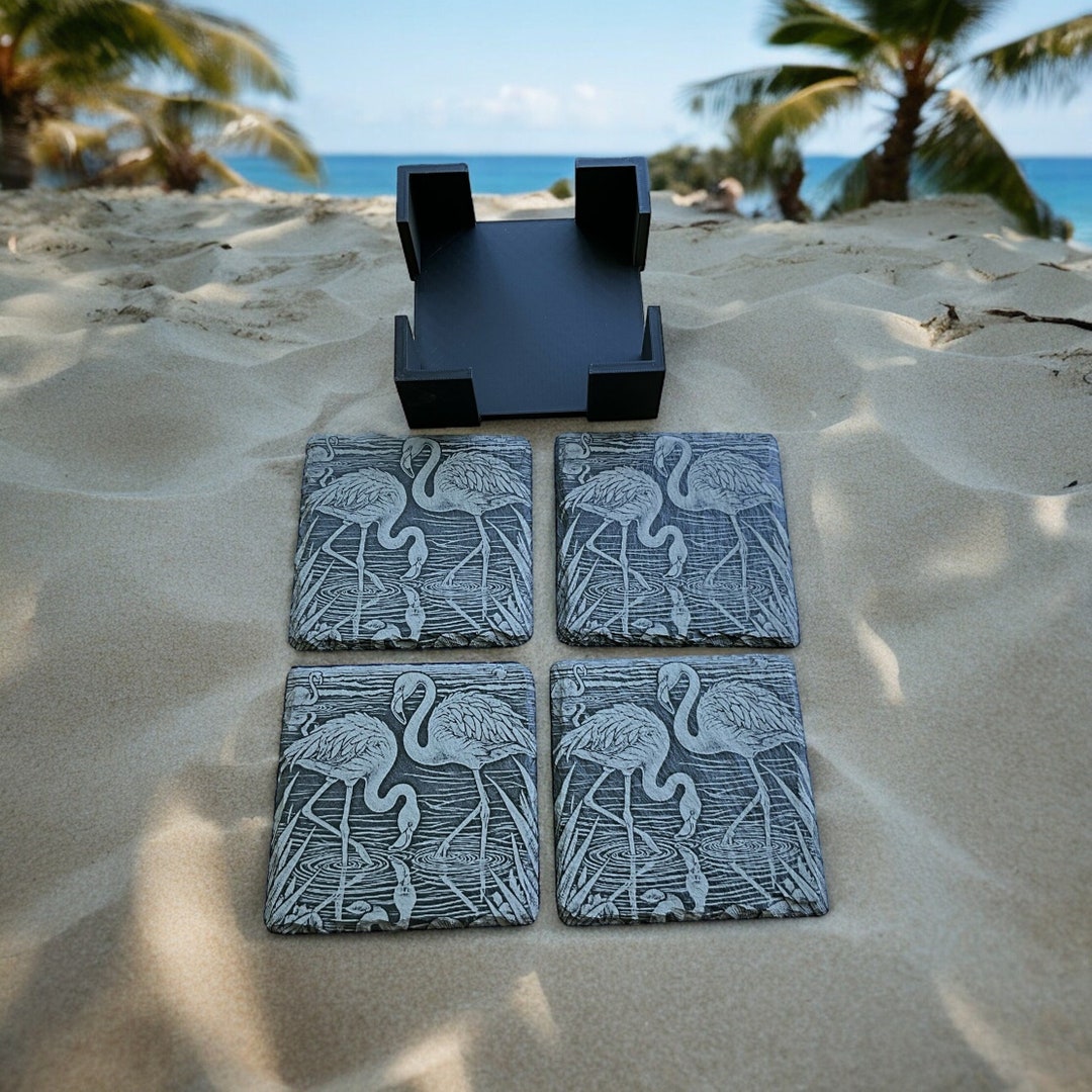 Flamingo Coasters With Holder – Set of 4 Stone Coasters – Flamingo ...