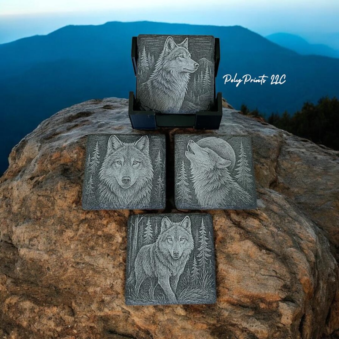 Wolf Coasters With Holder – Set of 4 Absorbent Stone Coasters With Wolf ...