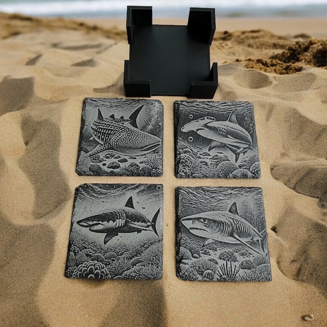 Shark-themed Coaster Set – Premium Stone Coasters With Holder - Vibrant ...