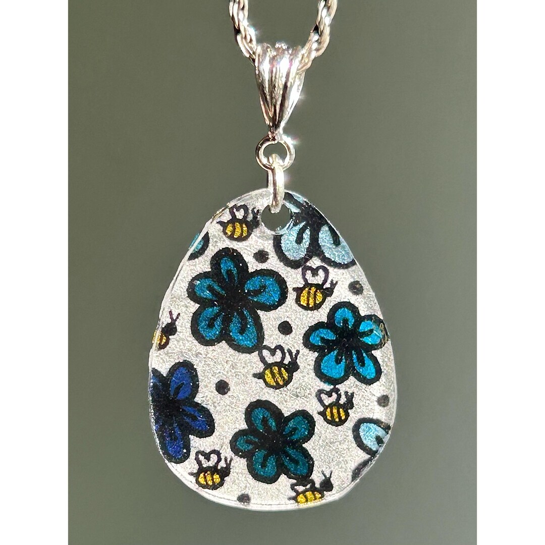 Bees and Blue Flowers Pendant: Hand-drawn Shrink Plastic Charm, Nature ...