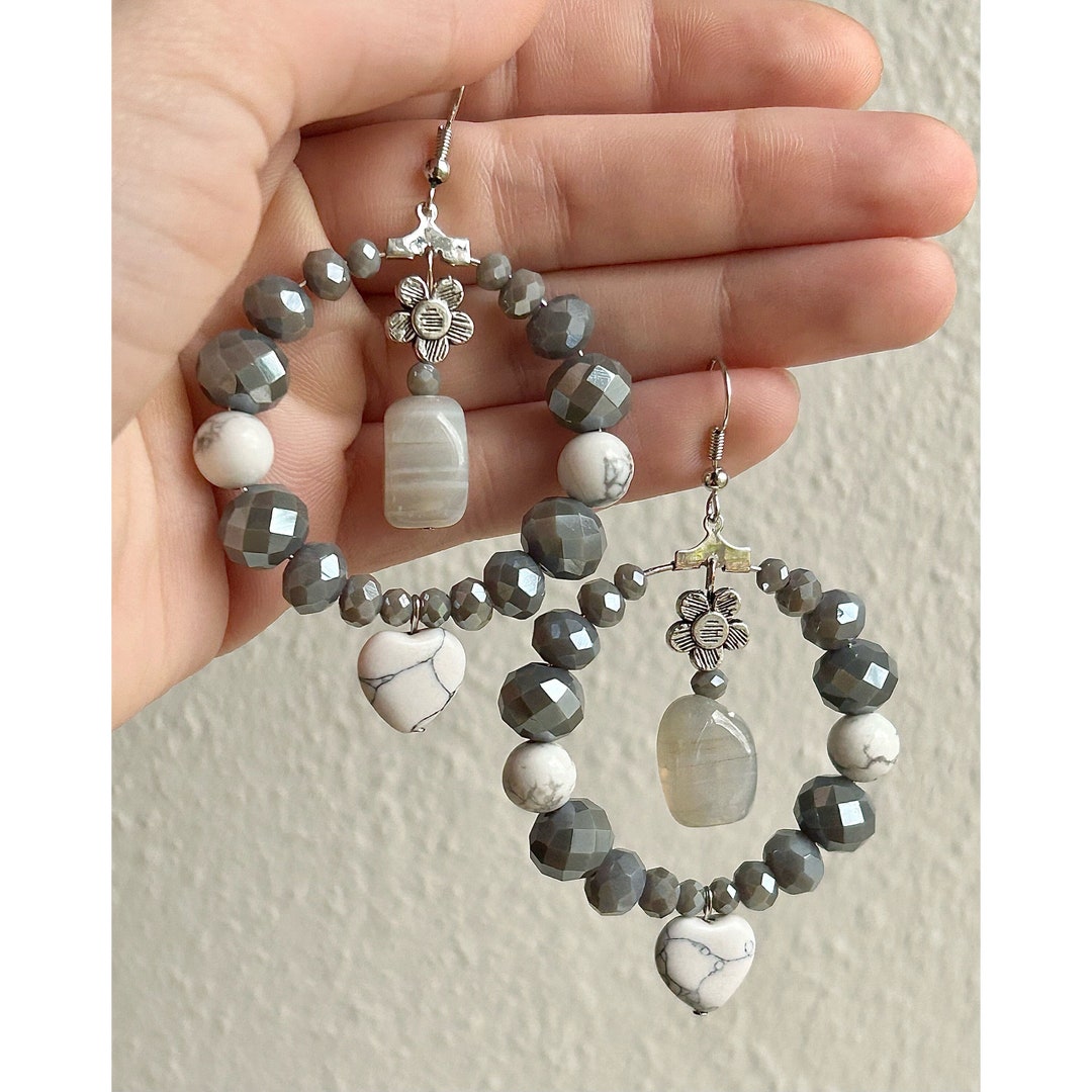 Winter Sky: White Howlite With Gray Stone and Glass Beaded Hoops, Funky ...