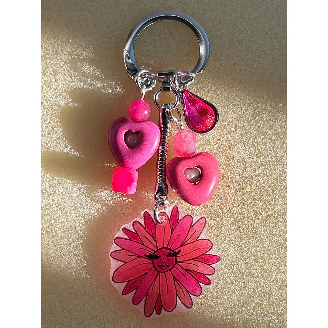Pink Beaded Keychain / Bag Charm With Hand-drawn Shrink Plastic Flower ...