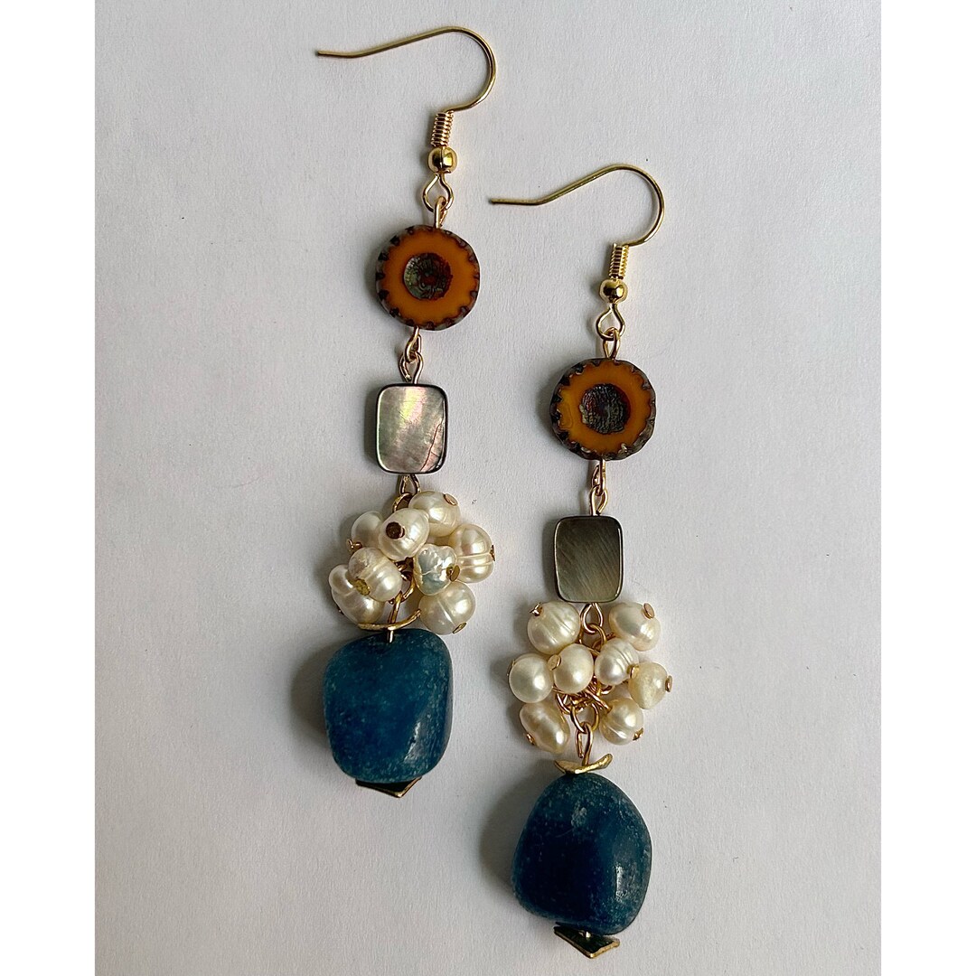 Suns Rise: Agate, Pearl, Glass Bead Earrings, Fun Funky Statement ...