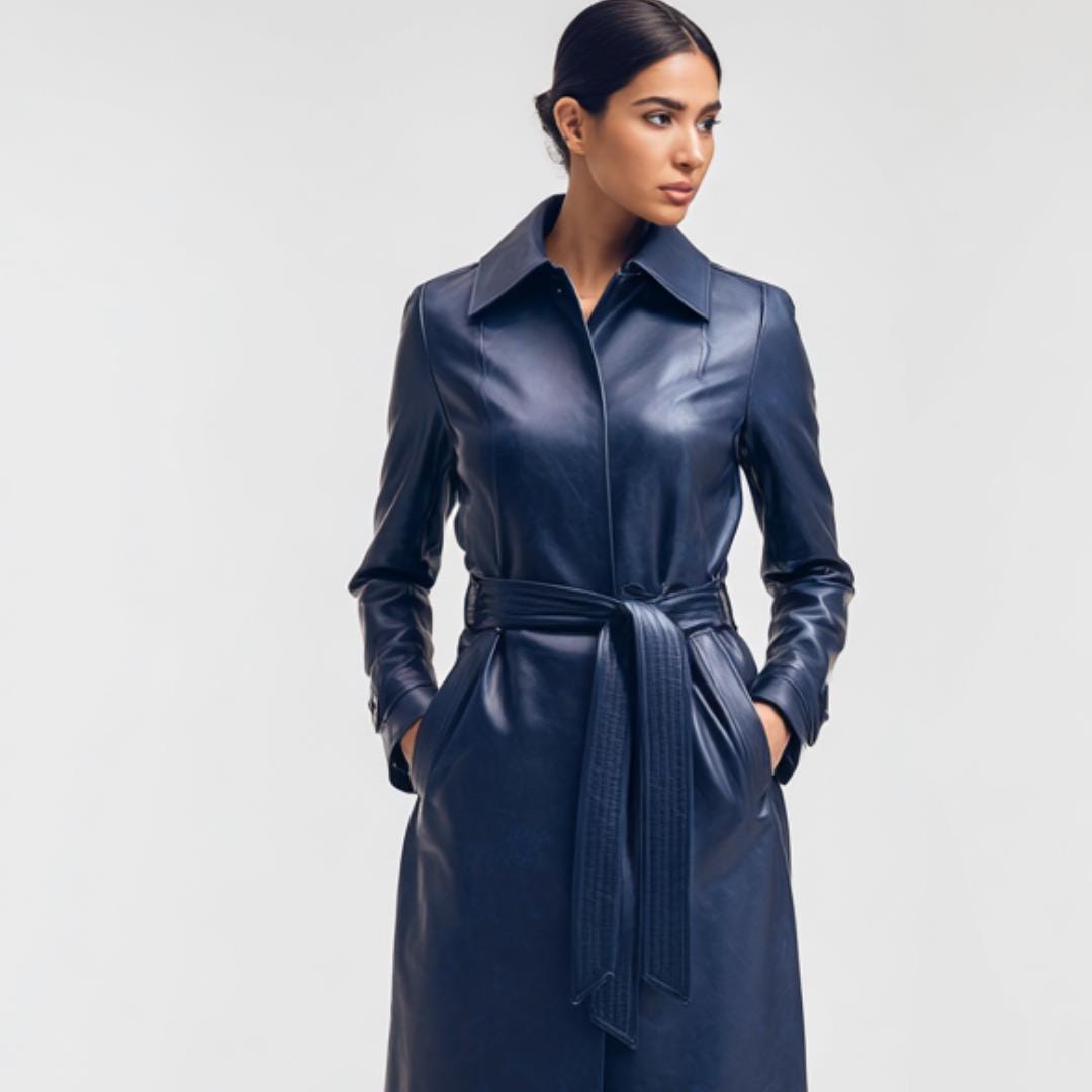 Navy Blue Leather Trench Coat Women Long Vintage Minimalist Style Faux ...