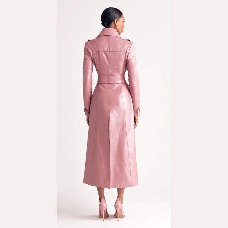 Pink Leather Trench Coat Women Long Vintage Y2K Style Faux Leather ...