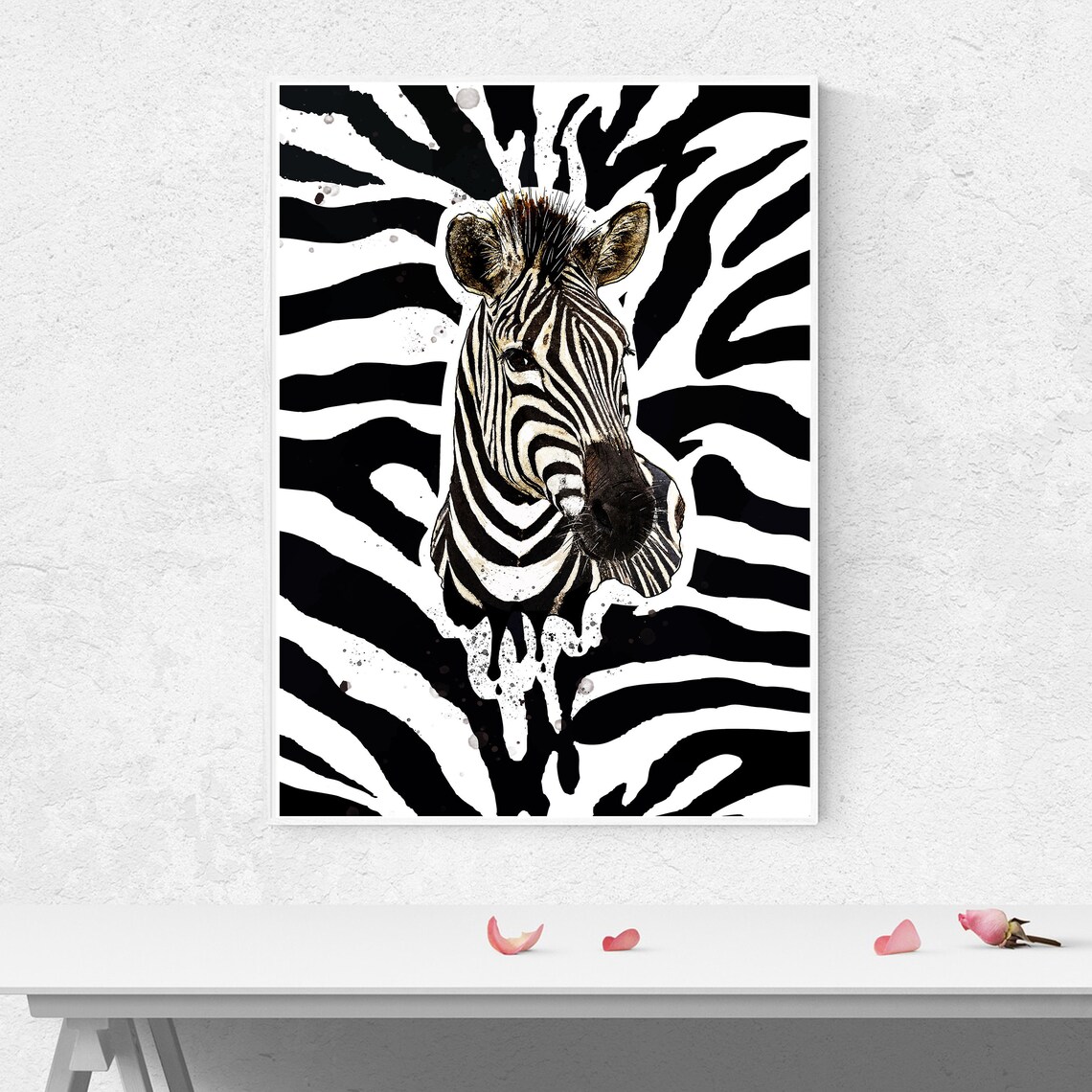 Zebra Head Print With Zebraprint Background, Animal Wall Art, Unique ...