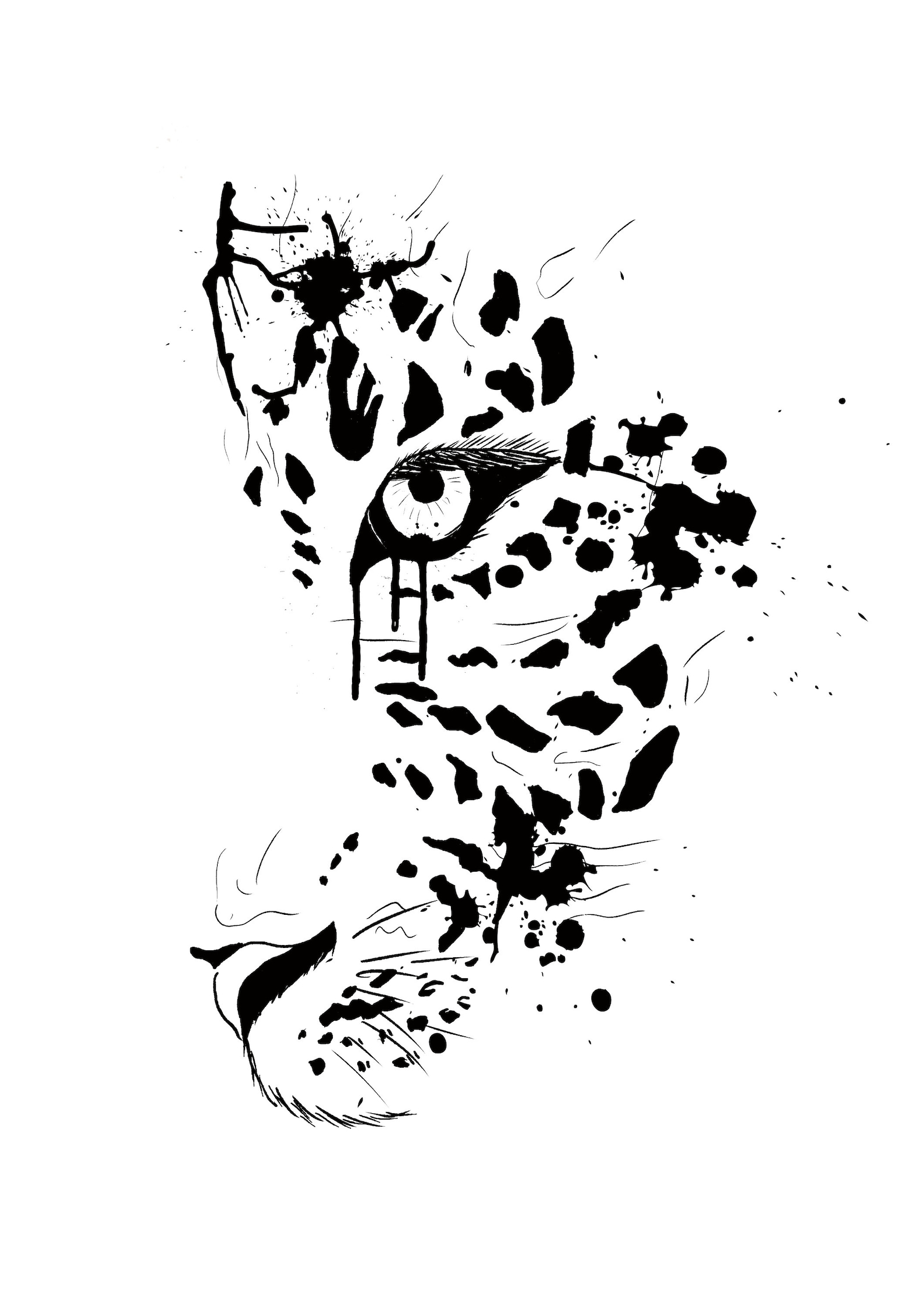 Half Leopard Face With Dripping Ink Print, Black and White Jungle ...