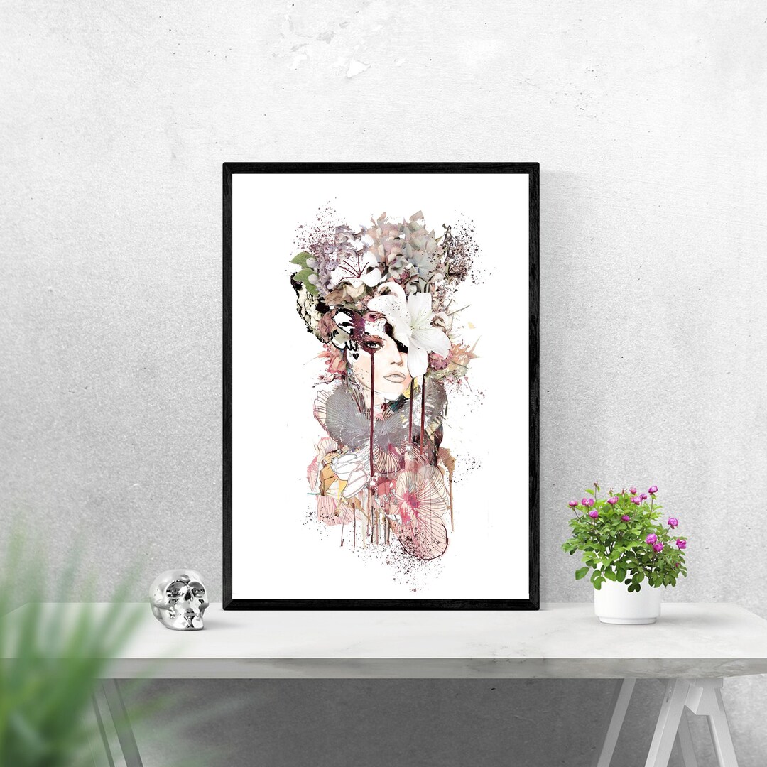 Lady With Floral Headpiece and Ink Splatter Print, Abstract Floral Wall ...