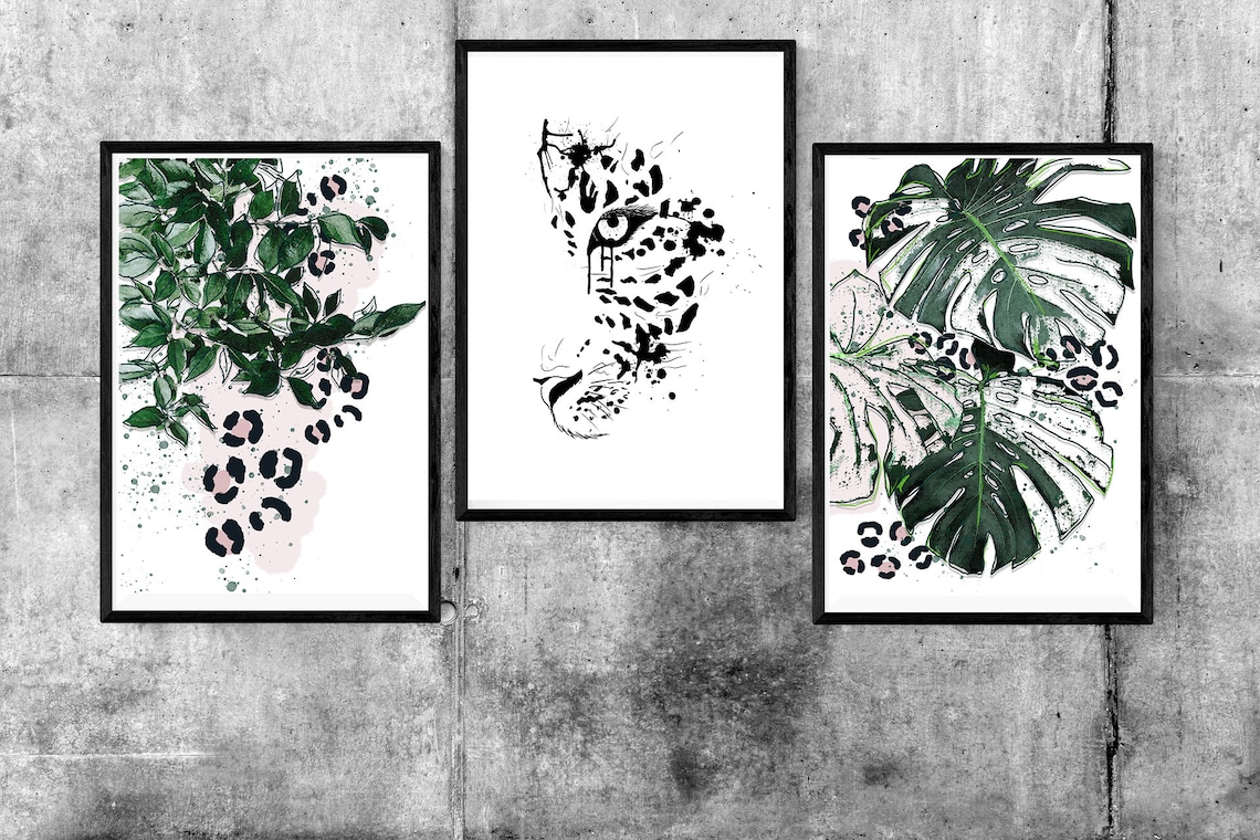 Half Leopard Face With Dripping Ink Print, Black and White Jungle ...