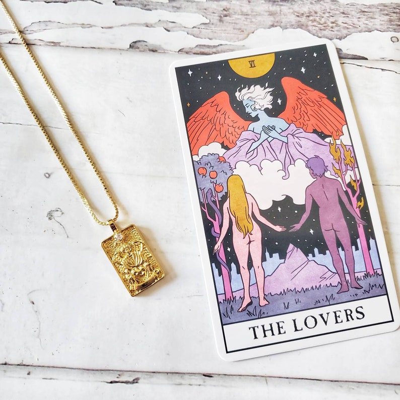 THE LOVERS Tarot Card Necklace 14K Gold Box Chain Pendant Etsy