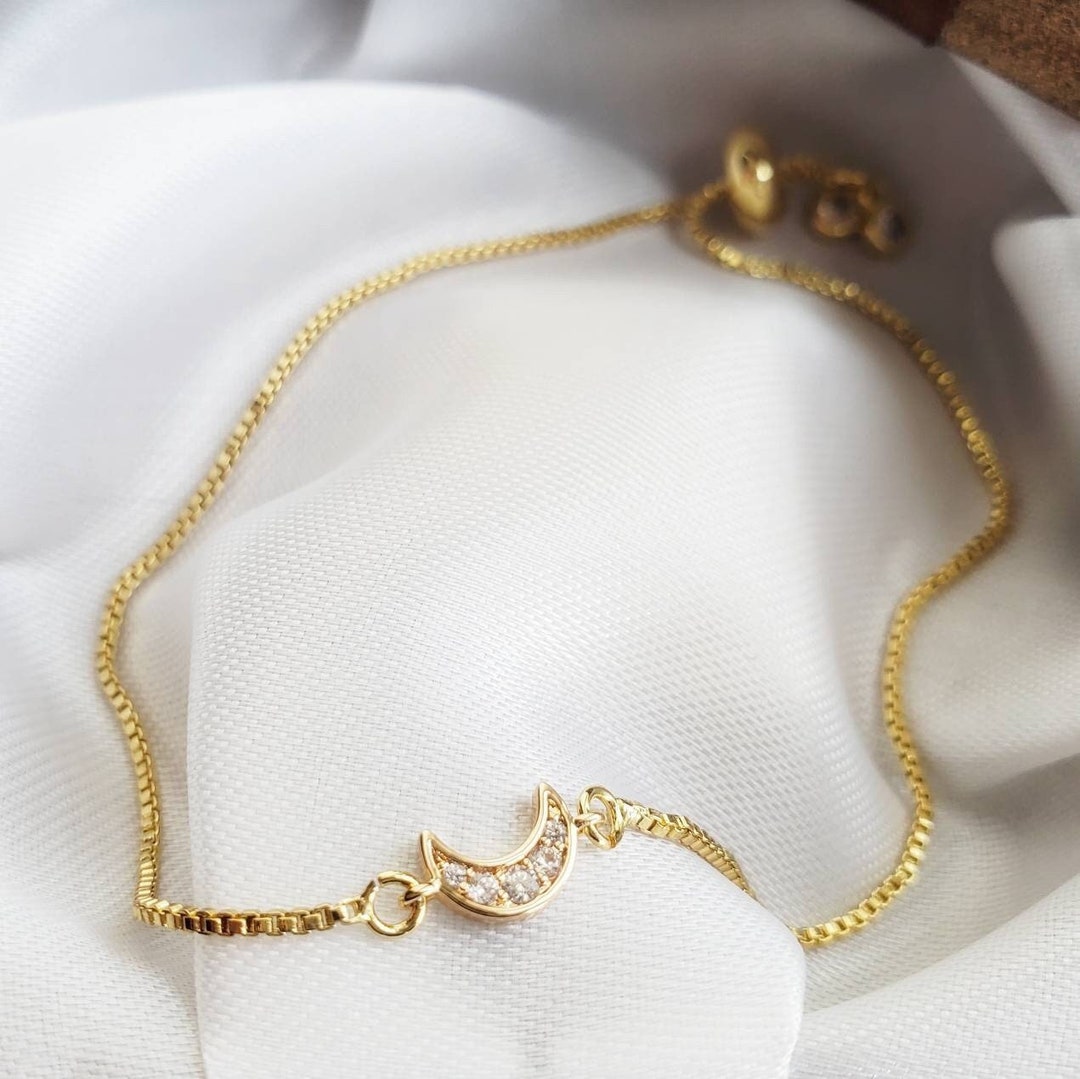 LUNA 14K Gold Bracelet, Delicate Celestial Crescent Moon Phase Jewelry ...