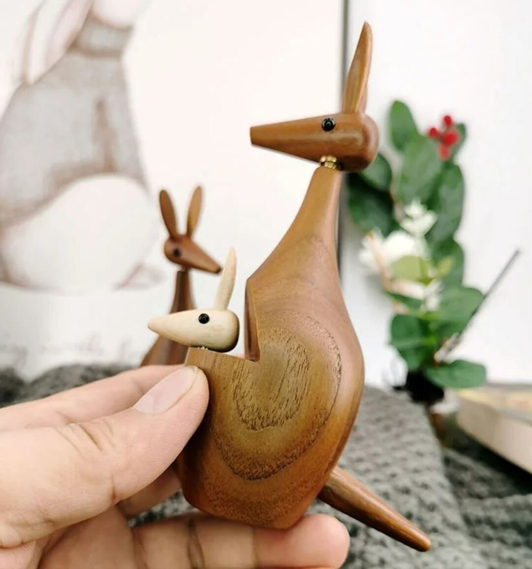 Handcrafted Wooden Kangaroo Sculpture Rustic Animal Figurine for Home ...