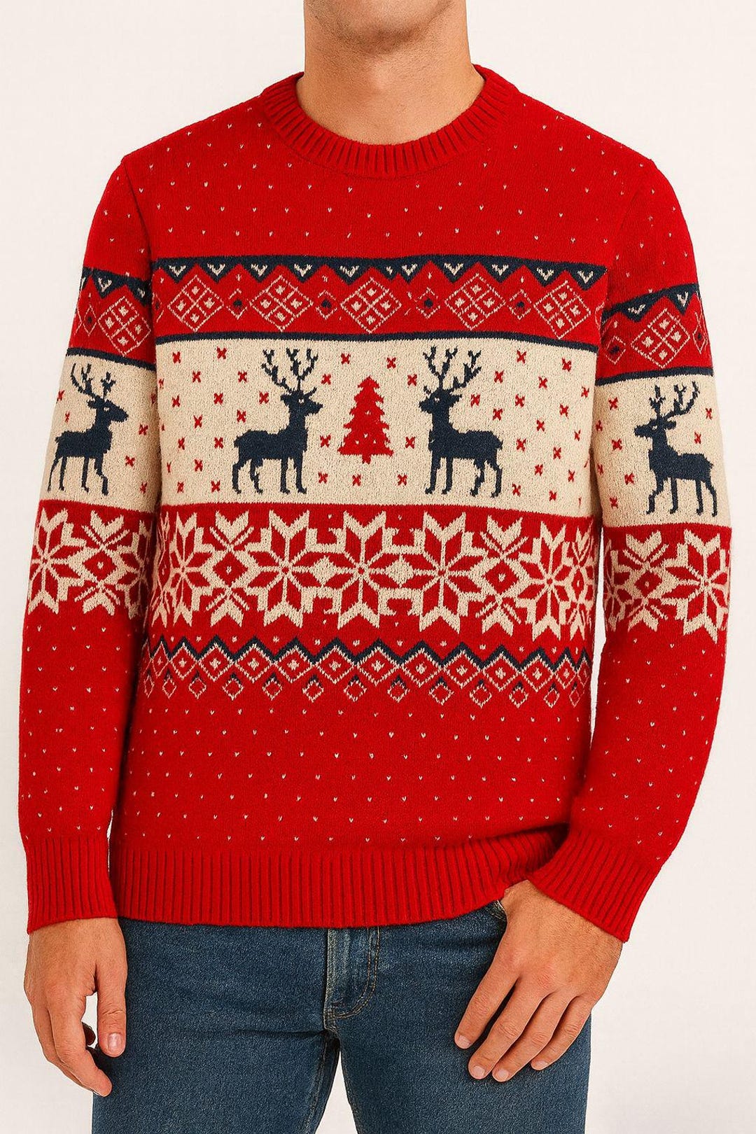 100% Wool Men Red Snowflake Reindeer Christmas Sweater, Scandinavian ...