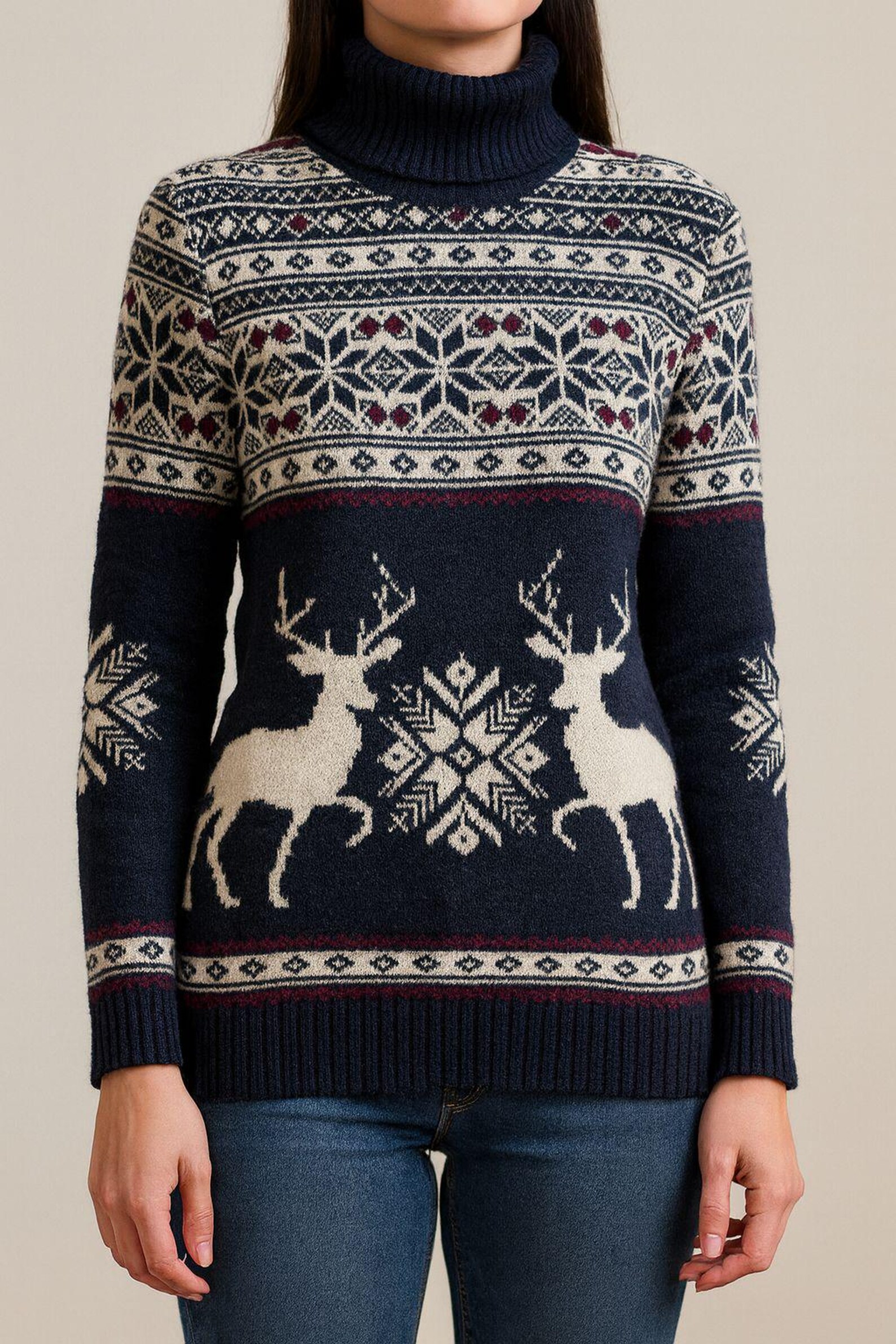 Women’s 100% Wool Navy Reindeer Turtleneck Christmas Sweater, Nordic ...