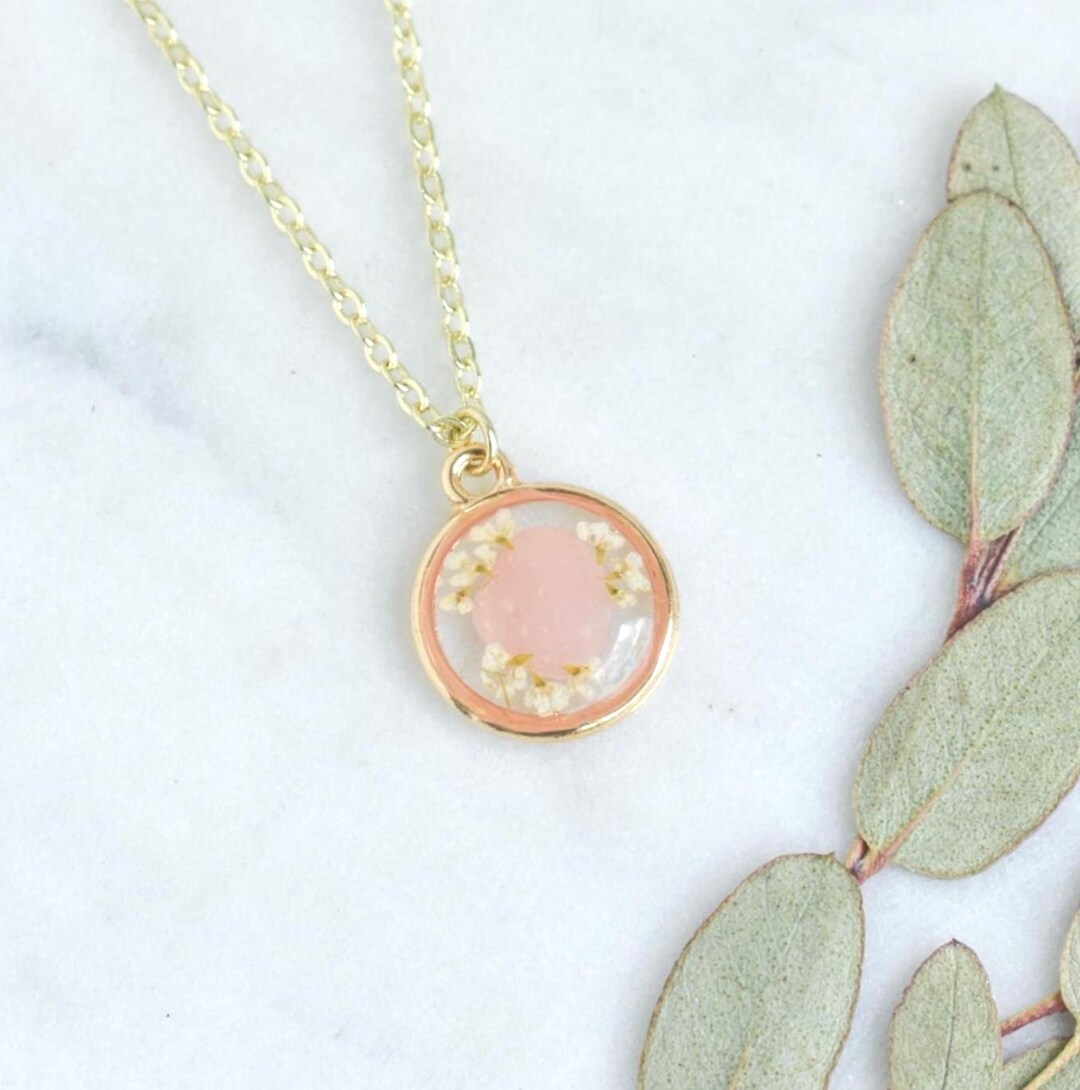 Pink Opal and Queen Anne’s Lace Necklace – Handmade Resin Pendant ...