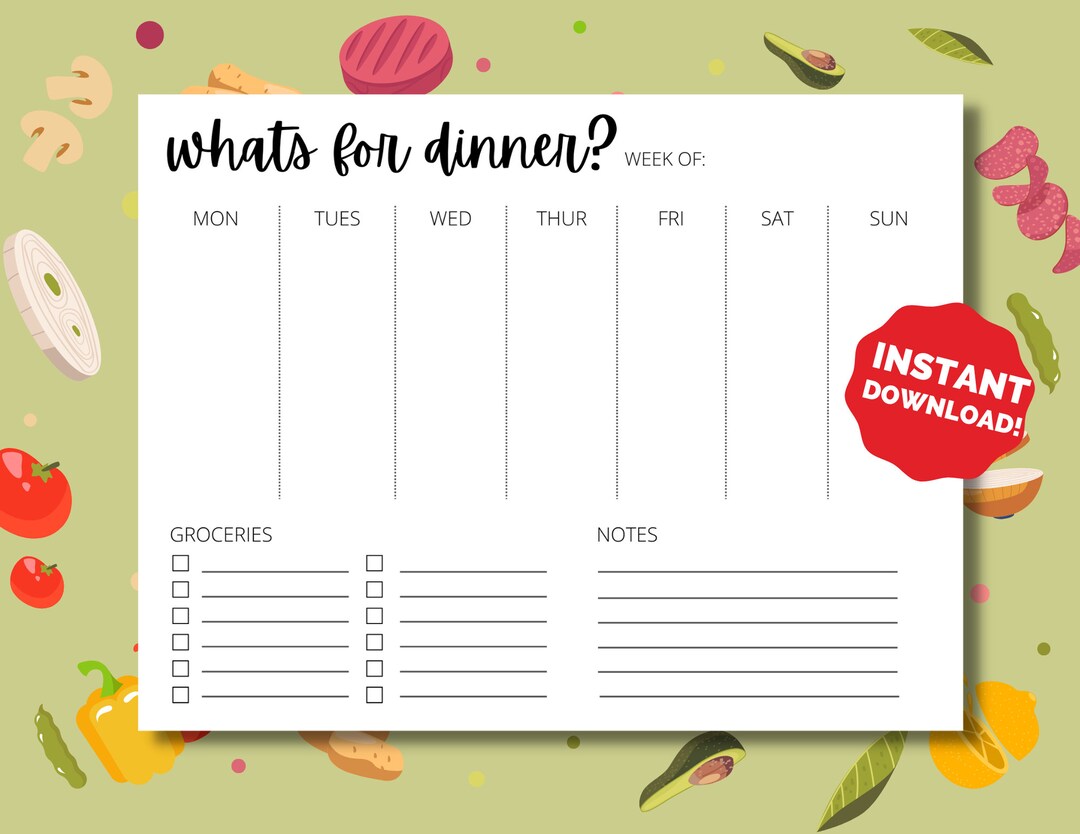 Whats for Dinner - Printable Weekly Menu Download - Weekly Menu Planner ...