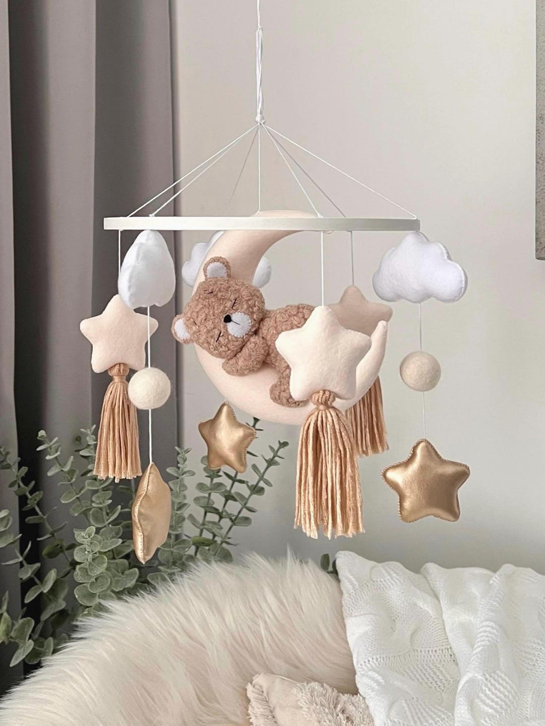 Baby Mobile With Teddy Bear on Moon | Neutral Nursery Decor | Baby ...