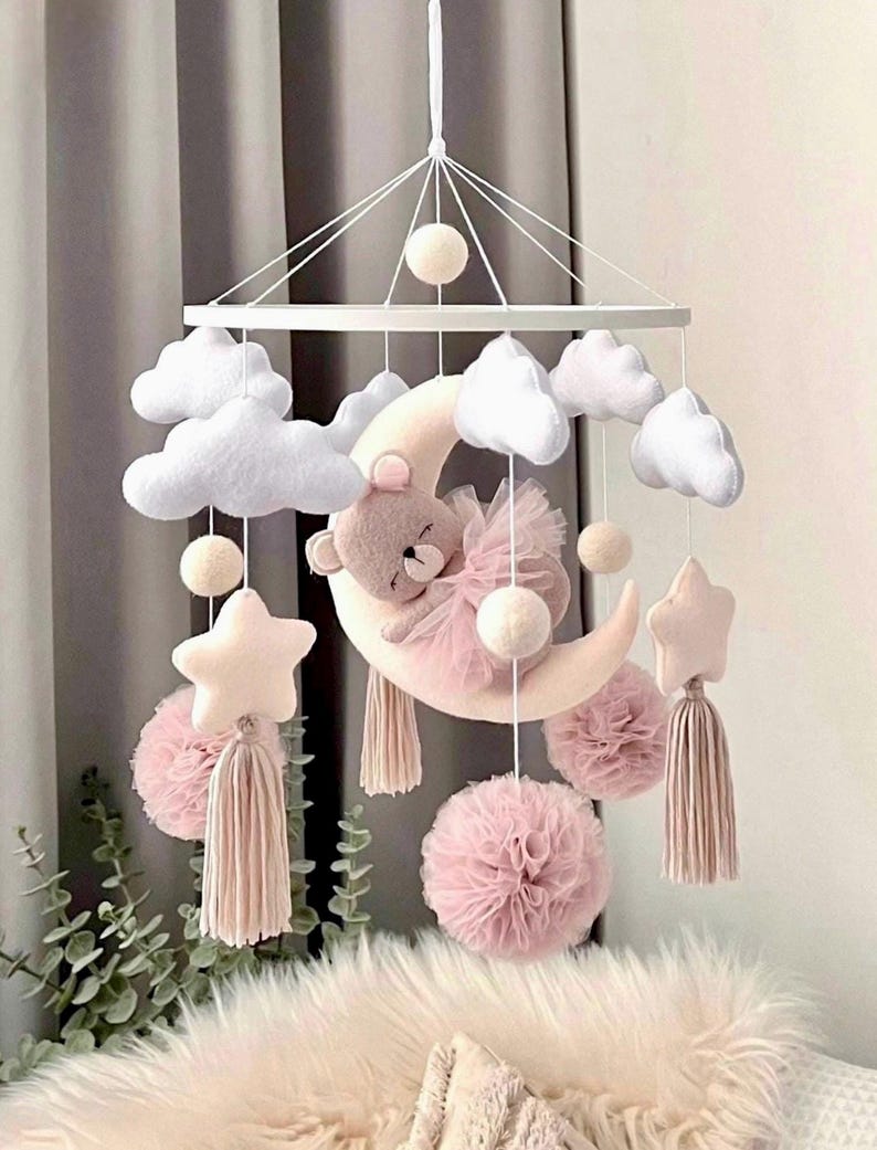 Bear on Moon Baby Mobile , Pink Nursery Decor , Cloud and Star Crib ...