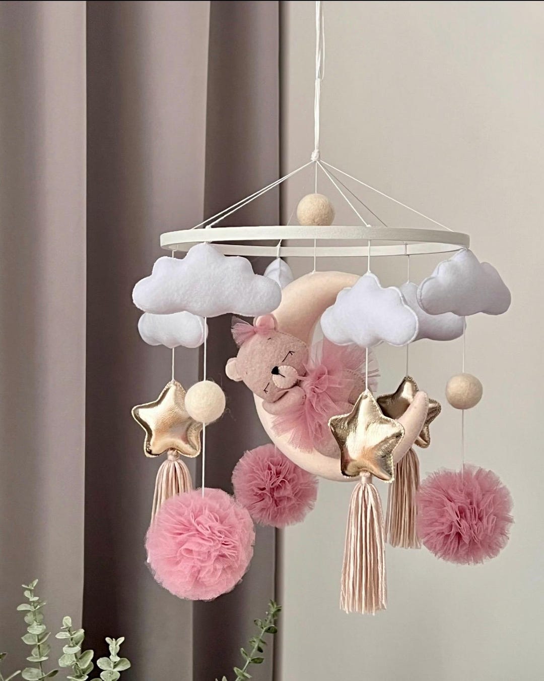 Bear on Moon Baby Mobile | Pink Nursery Decor | Crib Mobile Pink Moon ...