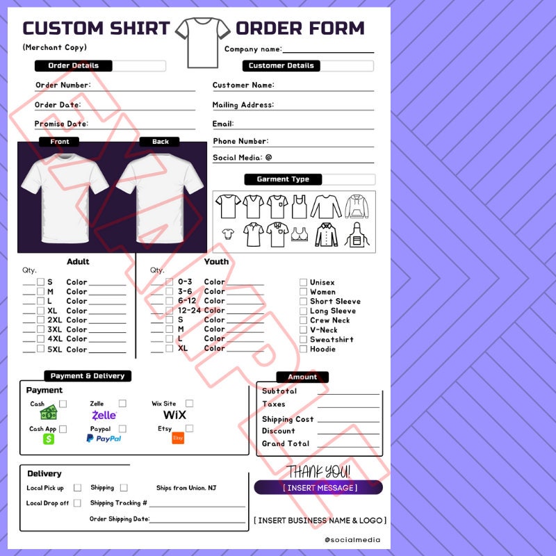 Order Form for Custom Shirts - Etsy