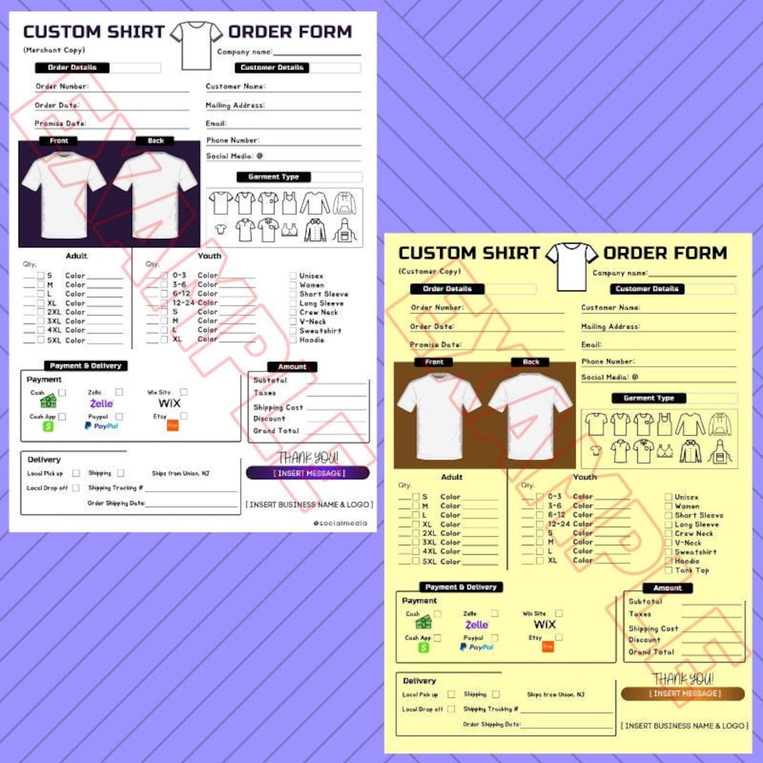 Order Form for Custom Shirts - Etsy