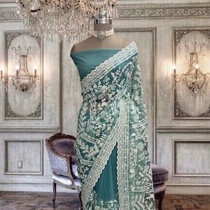 Turquoise Blue Net Saree With Thread, Stone and Sequins Work and ...