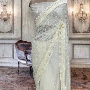 Beautiful Cream Net Saree With Sequins Work and Running Blouse Piece - Etsy