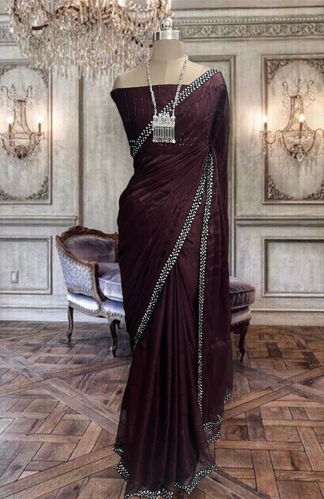 Beautiful Deep Maroon-brown Jimmy Choo Fabric Saree With Black - Etsy