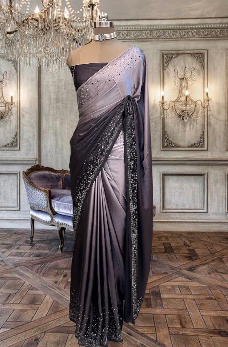 Beautiful Shaded Purple Satin Saree With Glitter Work and - Etsy