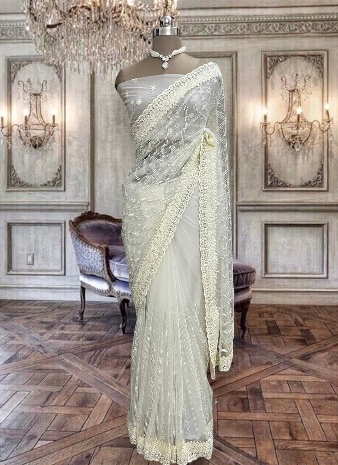 Beautiful Cream Net Saree With Sequins Work and Running Blouse Piece - Etsy