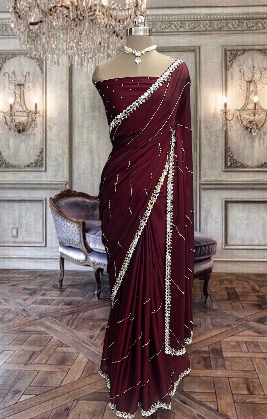 Beautiful Maroon Satin Georgette Saree With Pipes and Mirror Work and ...