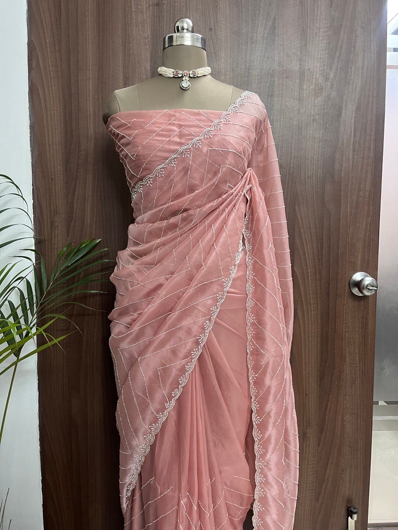 Beautiful Peach Hand Embroidered Semi Transparent Saree With - Etsy