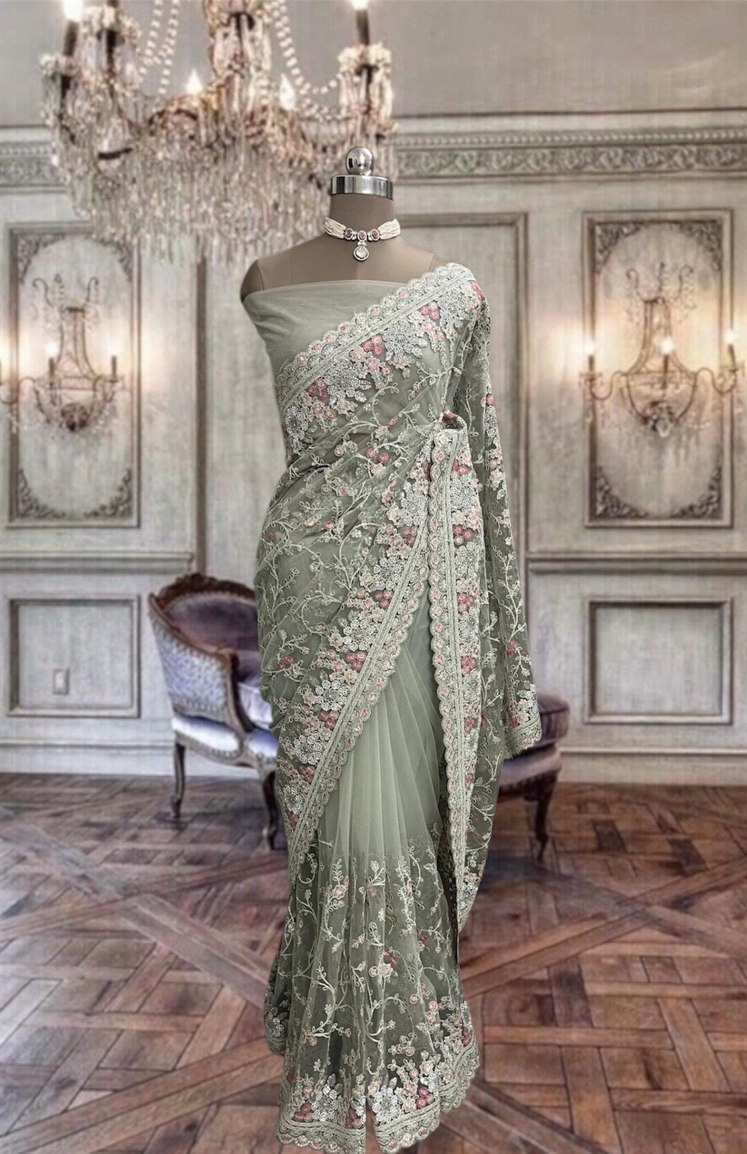 Beautiful Sage Green Net Saree With Multi Colored Work and Running ...