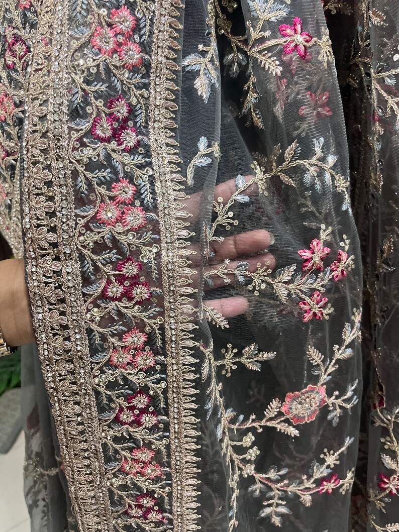 Beautiful Dark Grey Net Saree With Stone and Colourful Thread - Etsy