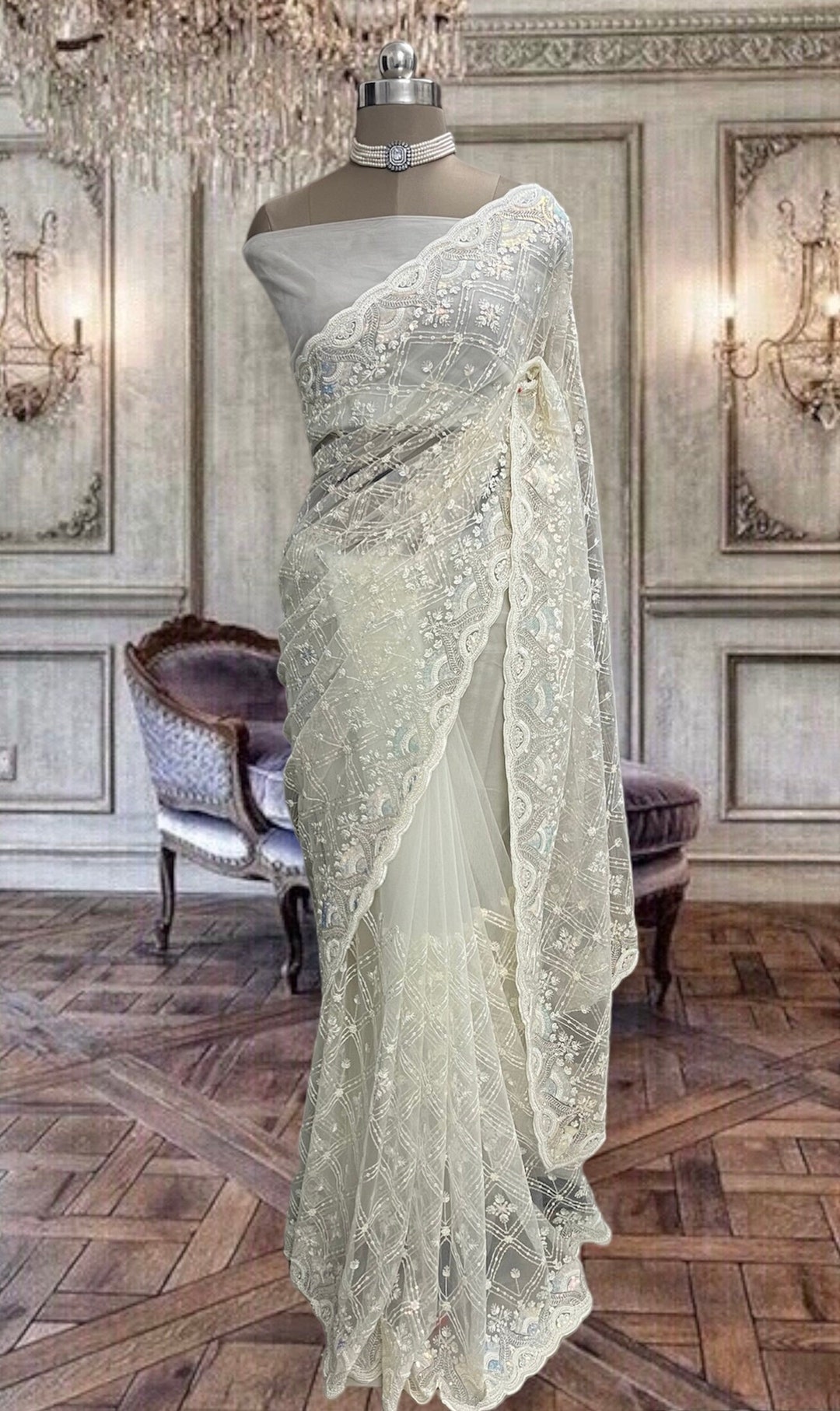 Beautiful Pearl White Net Saree With Pearl and Sequins Work and Running ...