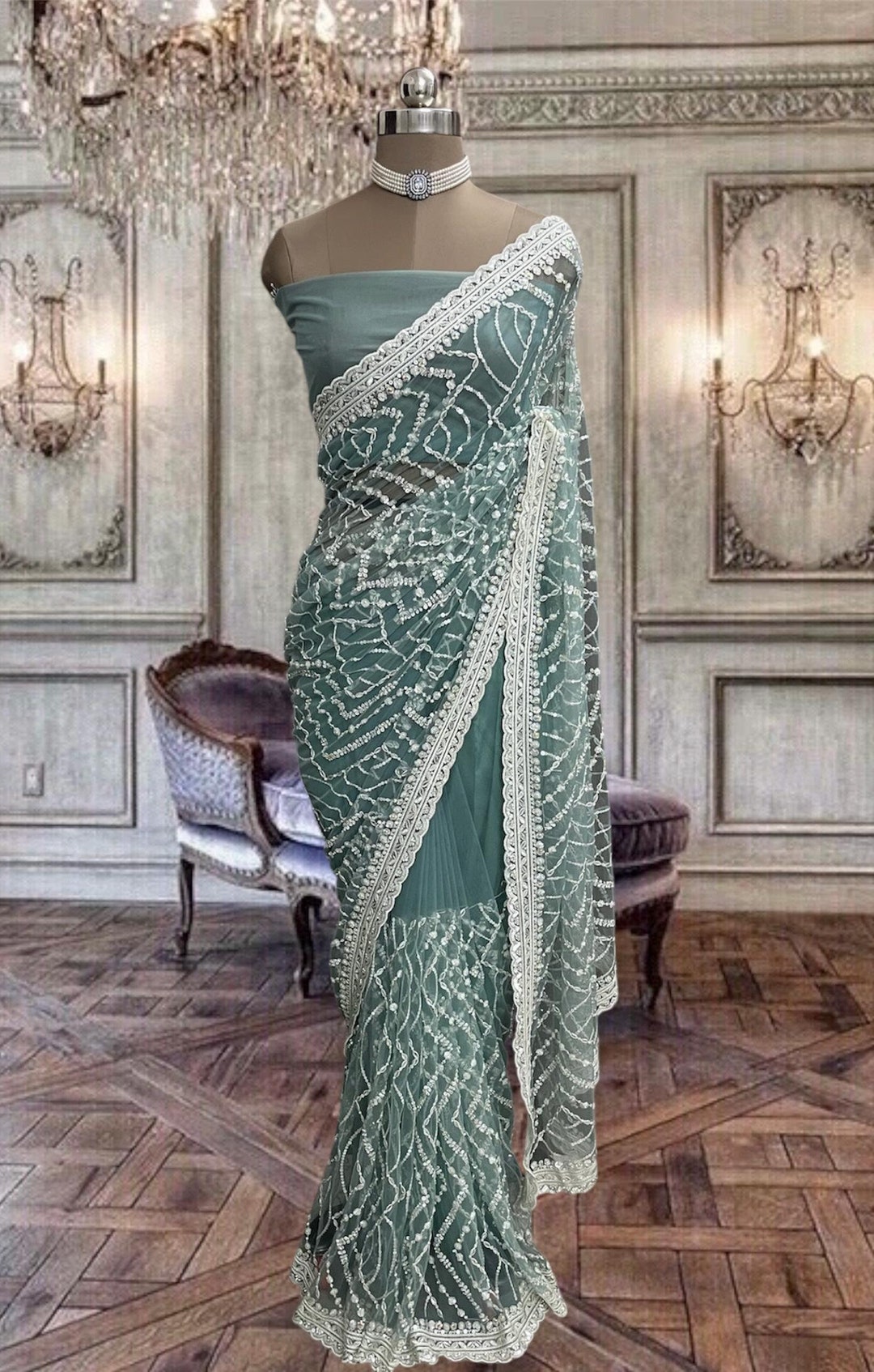 Beautiful Dull Turquoise Net Saree With Thread and Sequins Work and ...