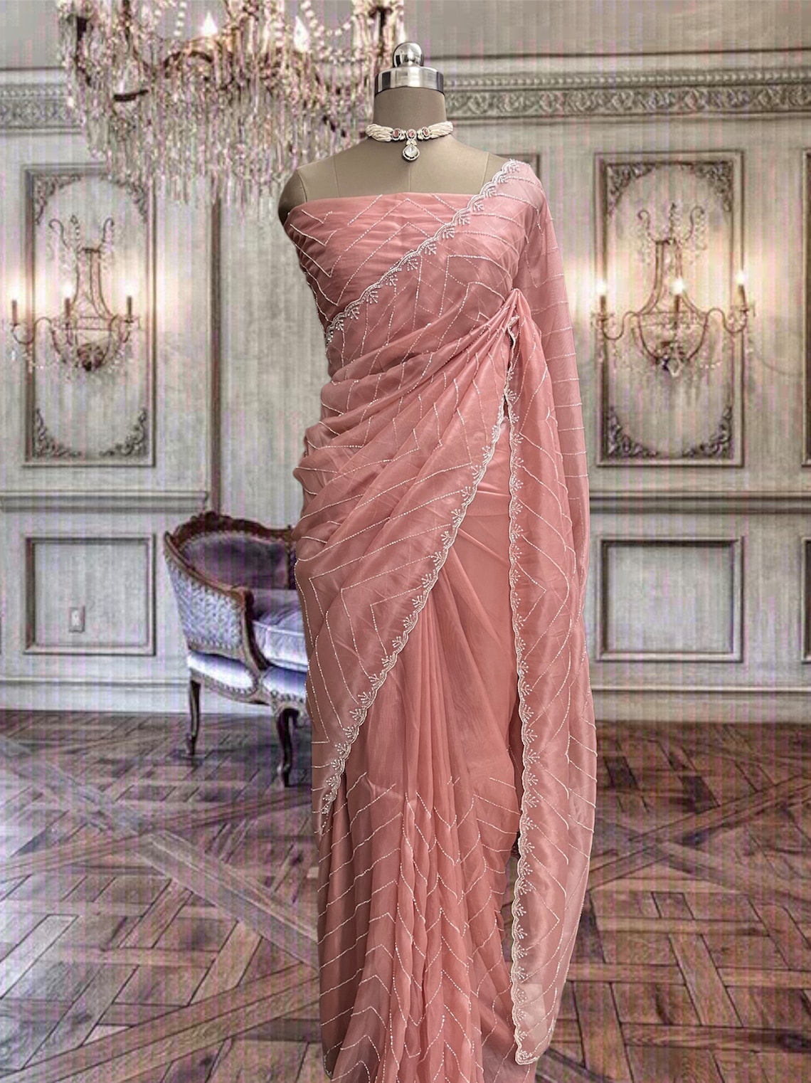 Beautiful Peach Hand Embroidered Semi Transparent Saree With - Etsy