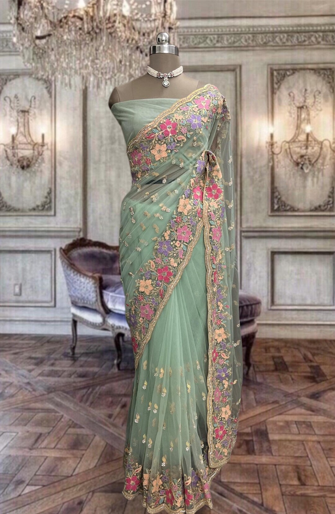 Beautiful Pastel Green Net Saree With Thread and Stone Work and Running ...