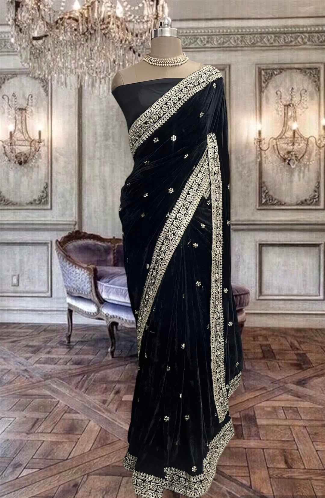 Beautiful Black Velvet Saree With Running Blouse Piece - Etsy