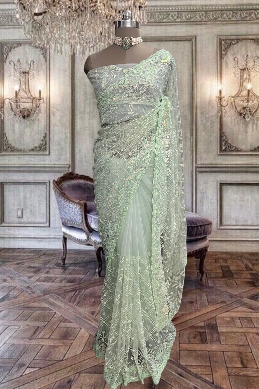 Beautiful Pastel Green Net Saree With Pearl and Sequins Work and ...