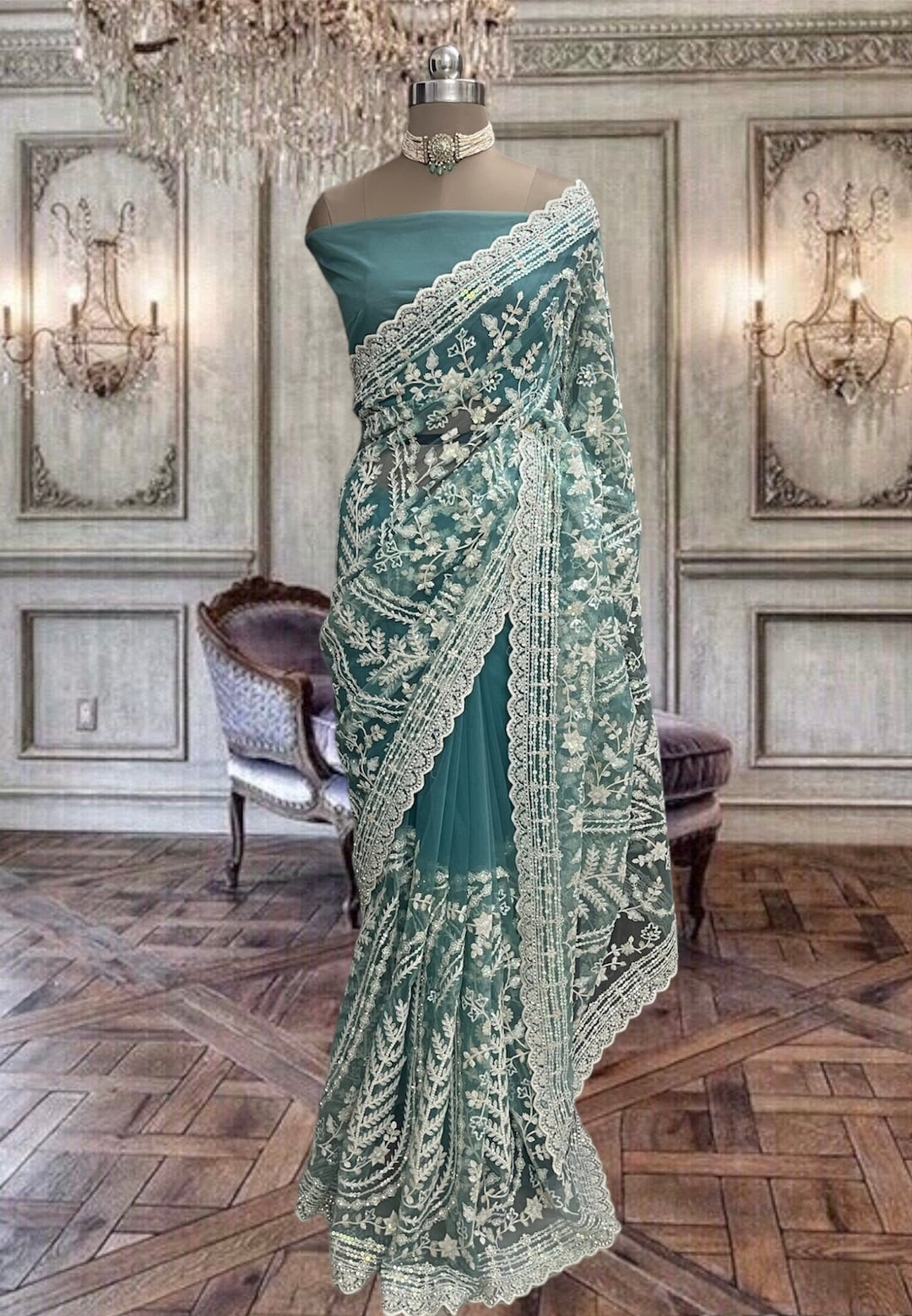 Turquoise Blue Net Saree With Thread, Stone and Sequins Work and ...