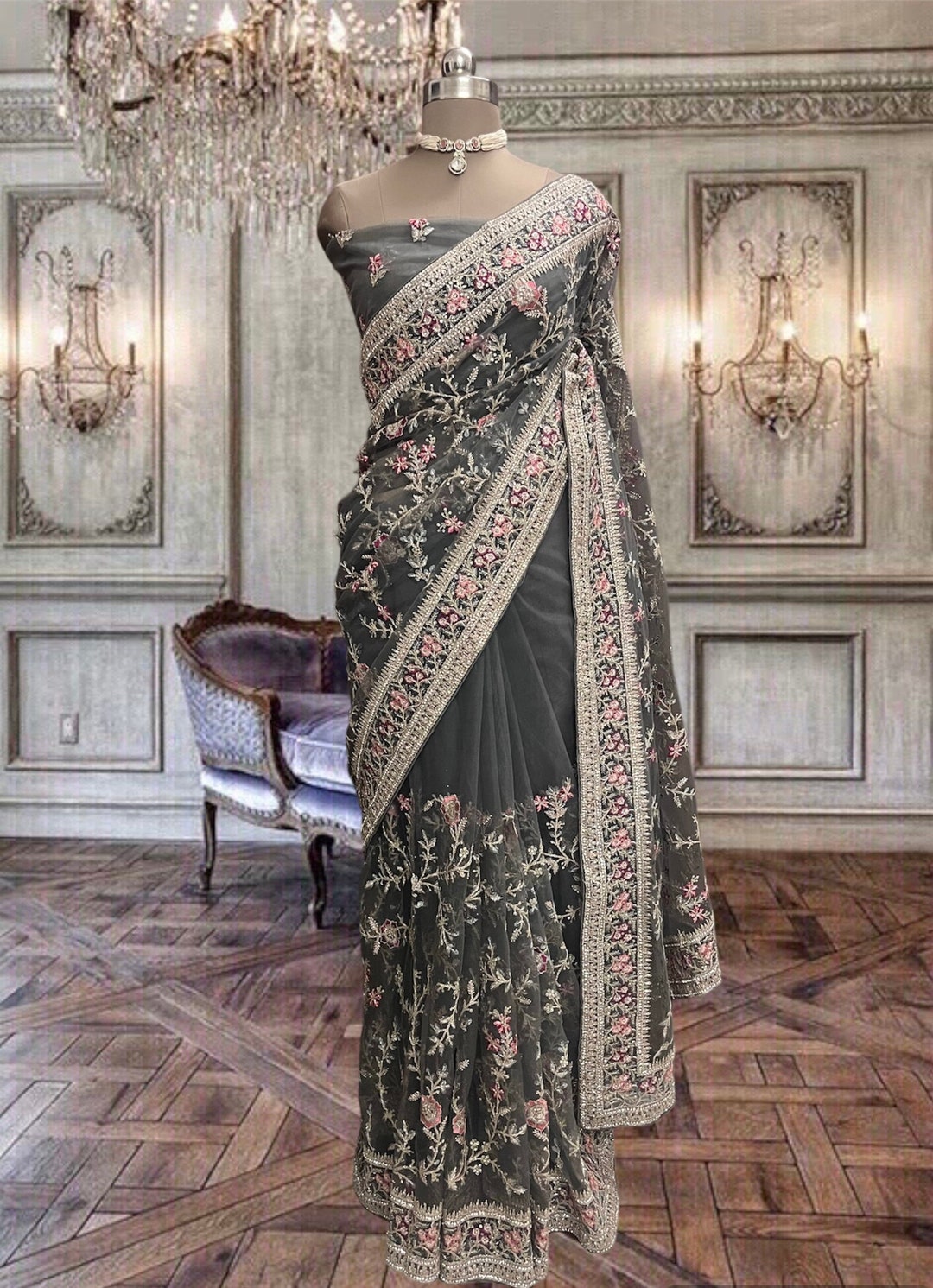 Beautiful Dark Grey Net Saree With Stone and Colourful Thread Work and ...