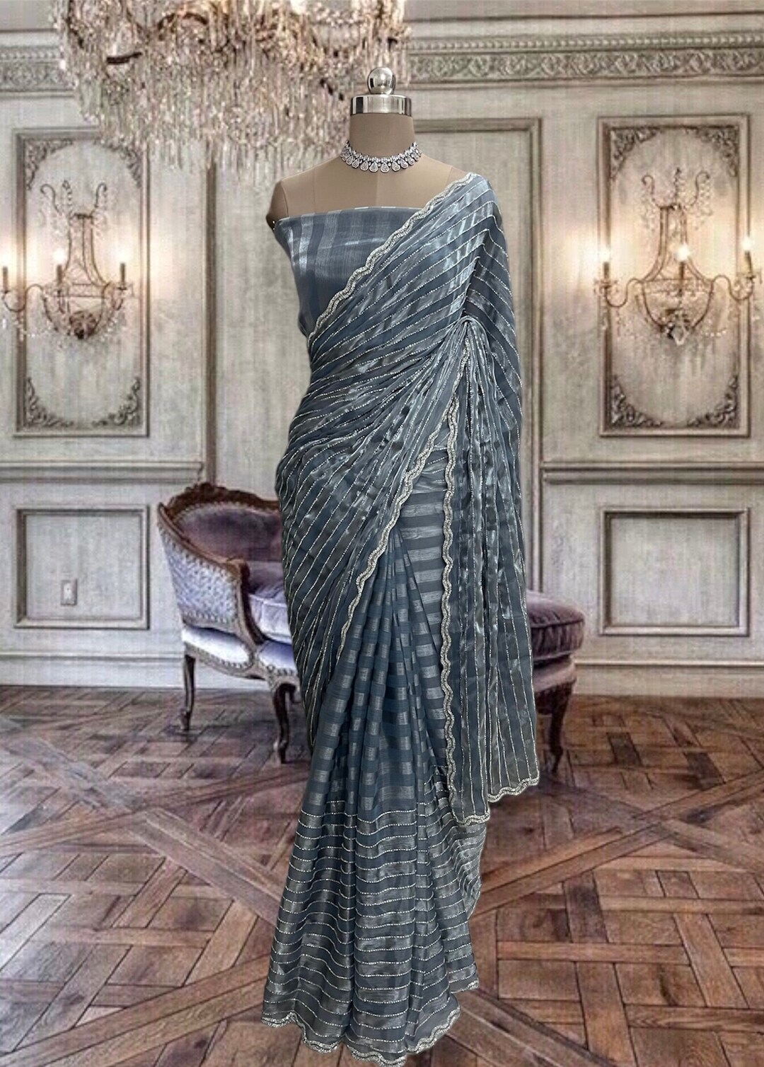 Grey Organza Saree With Pipes Embroidery and Running Blouse Piece - Etsy