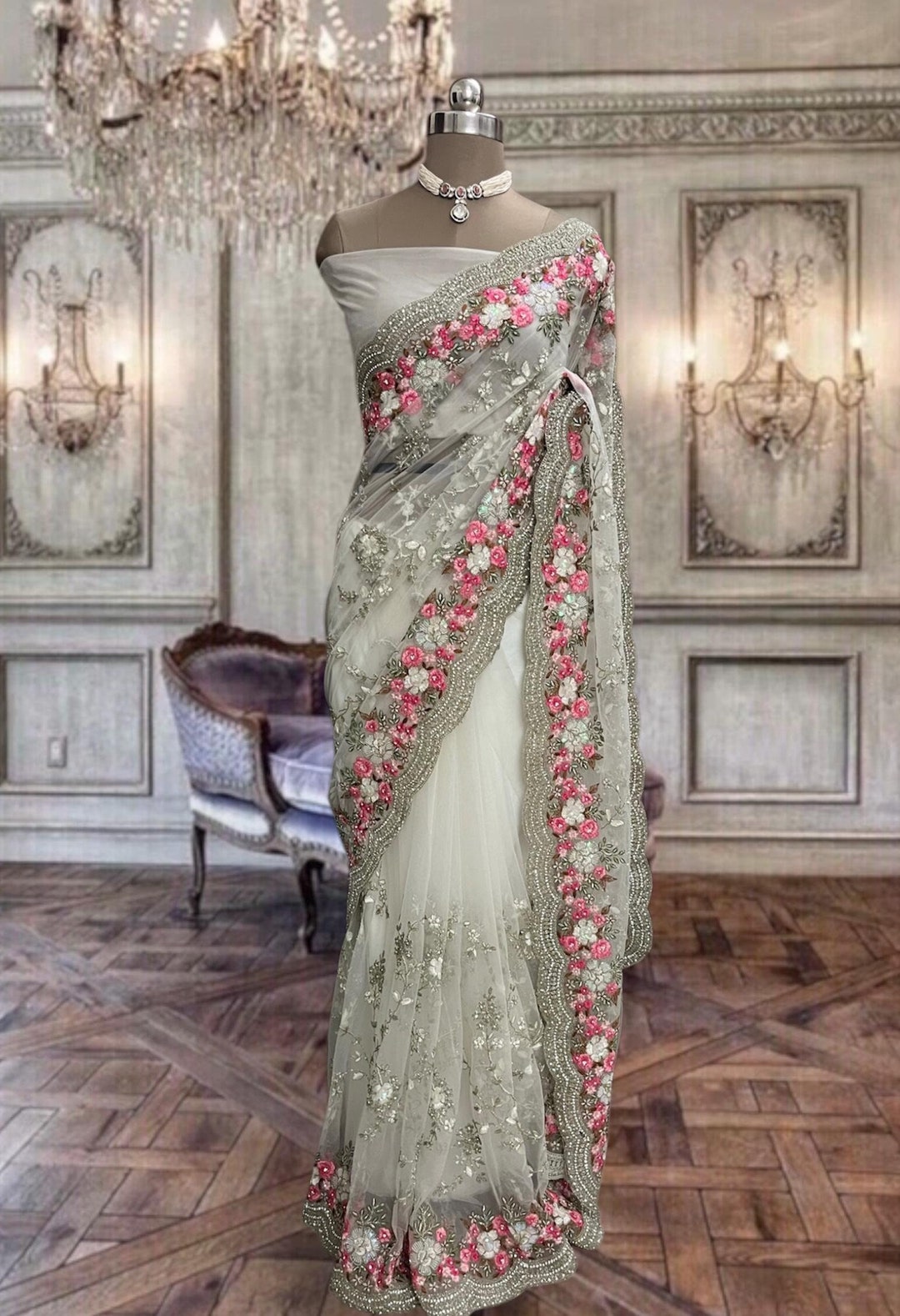 Beautiful White Net Saree With Multi Colored Thread Work and Stone ...