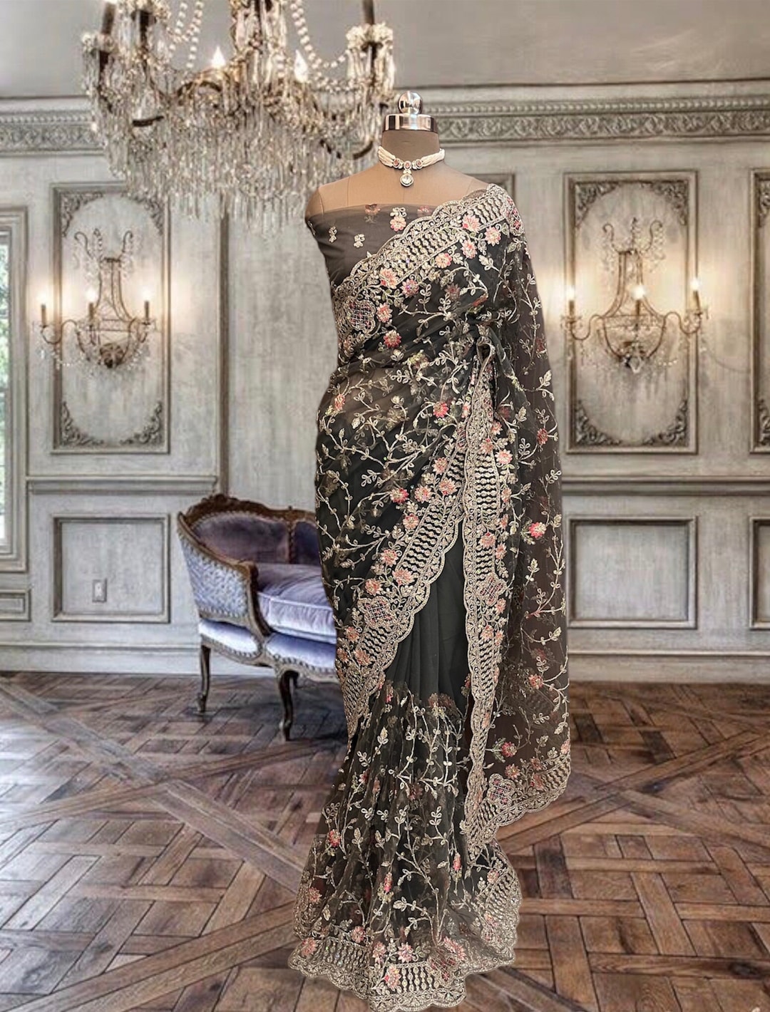 Dark Grey Net Saree With Glitter and Thread Work and Running - Etsy