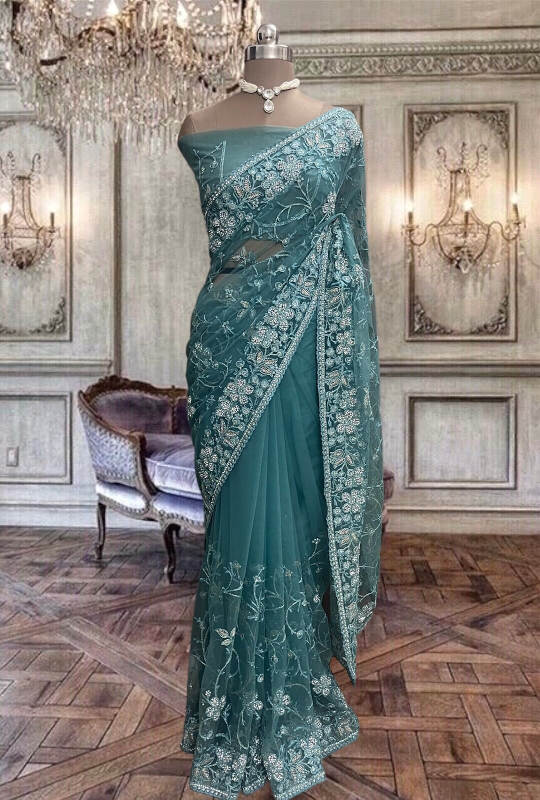 Beautiful Dull Teal Net Saree With Zari and Stone Work and - Etsy