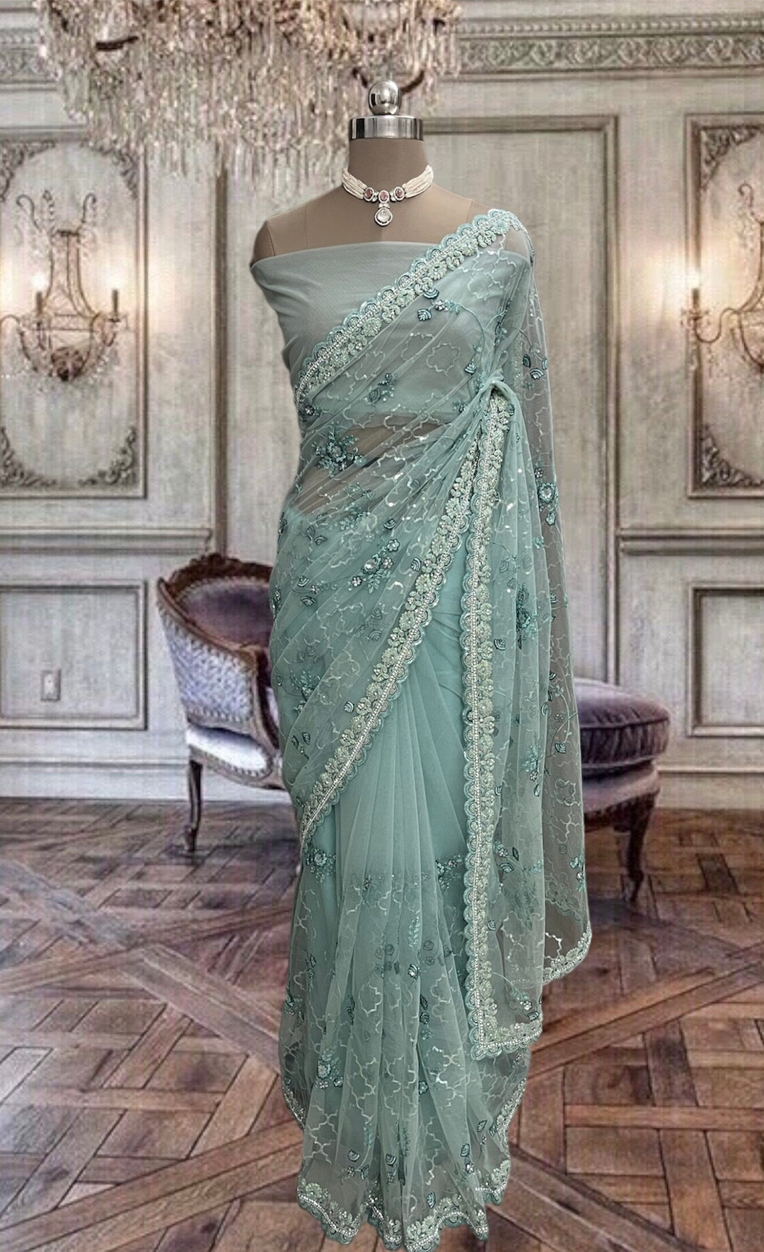 Beautiful Dull Turquoise Net Saree With Zari and Sequins Work and ...