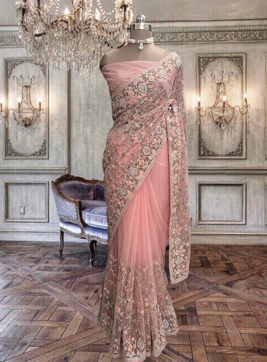 Beautiful Peach Pink Net Saree With Colourful Thread Work and Running ...