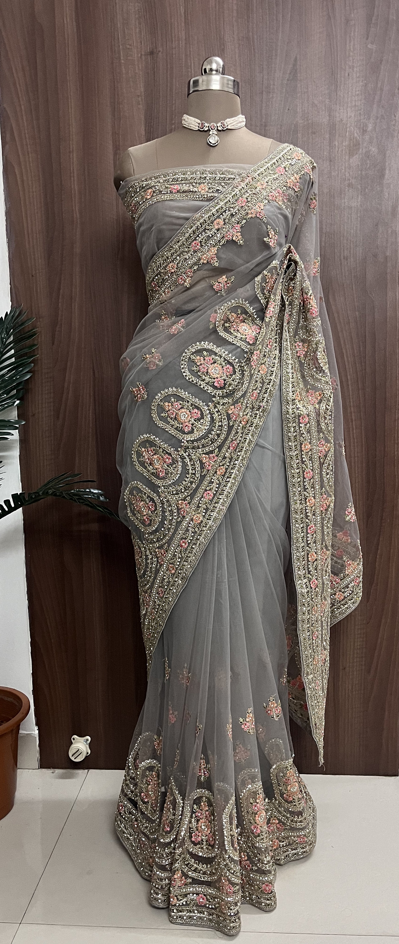 Beautiful Grey Net Saree With Zari and Colourful Thread Work - Etsy