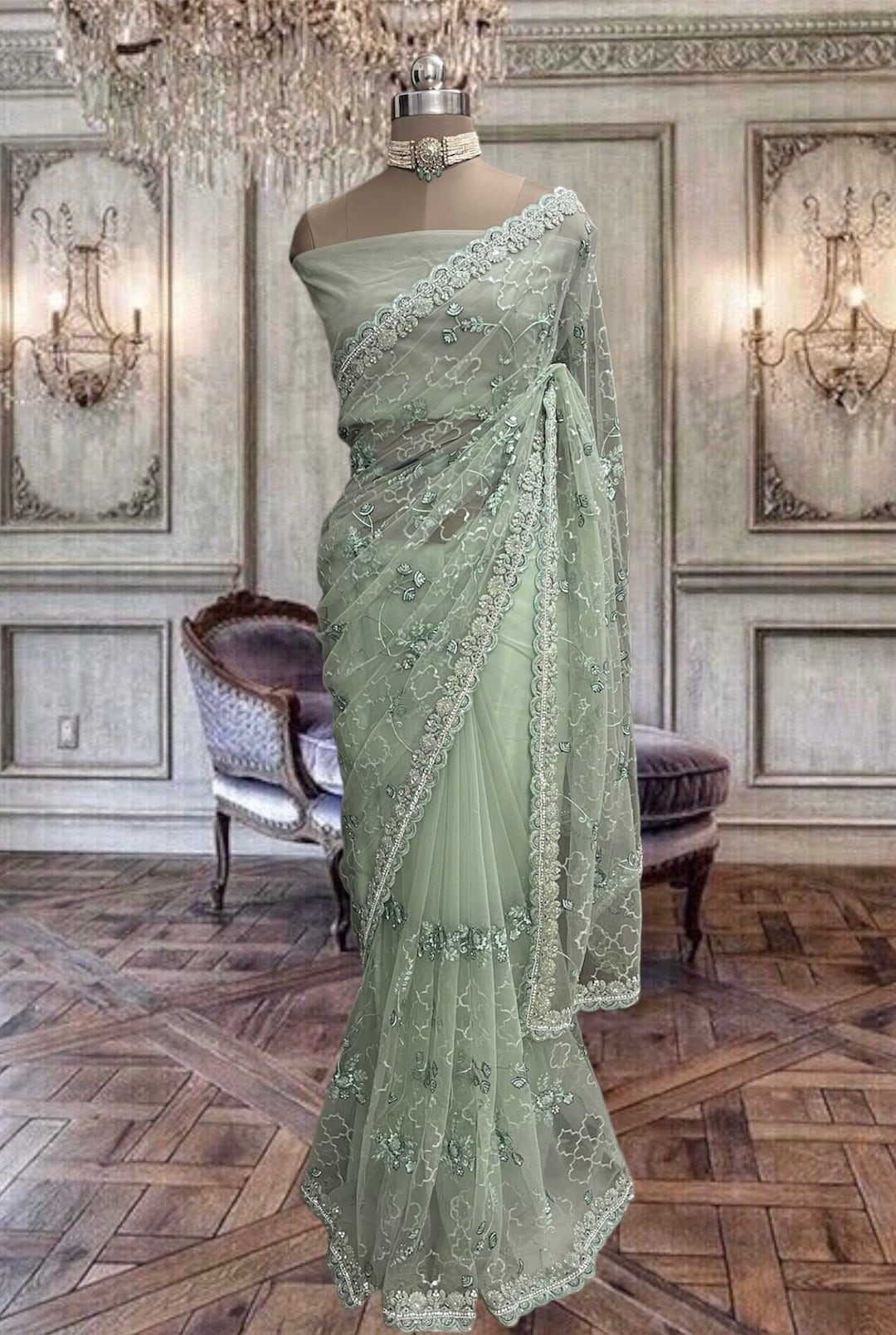 Beautiful Pastel Green Net Saree With Zari and Sequins Work and Running ...